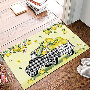 Summer Lemon Door Mat Indoor Doormat Bath Rugs Non Slip, Washable Cover Floor Rug Absorbent Carpets Floor Mat Home Decor for Kitchen Black White Buffalo Plaid Car with Lemons (16x24)