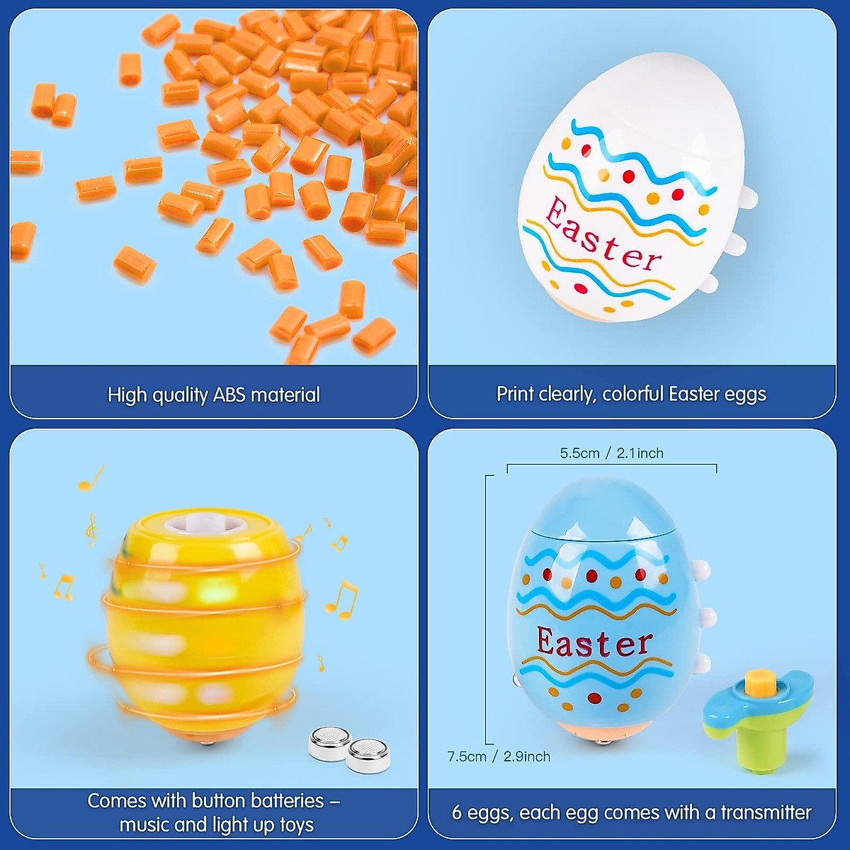 VATOS Plastic Cute Easter Eggs Spinning Tops & Light Up Eggs Toys - 6 Pack Lighting & Spinning Tops & Singing Musical Easter Party Fovors, Easter Gifts Spinning Tops for Kids 3+