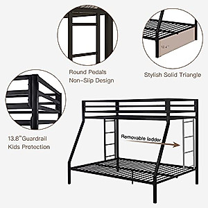 ikalido Metal Bunk Bed, Twin Over Full Size Beds with Sturdy Guard Rail & Removable Ladder, Space-Saving/Noise-Free/Matte Black