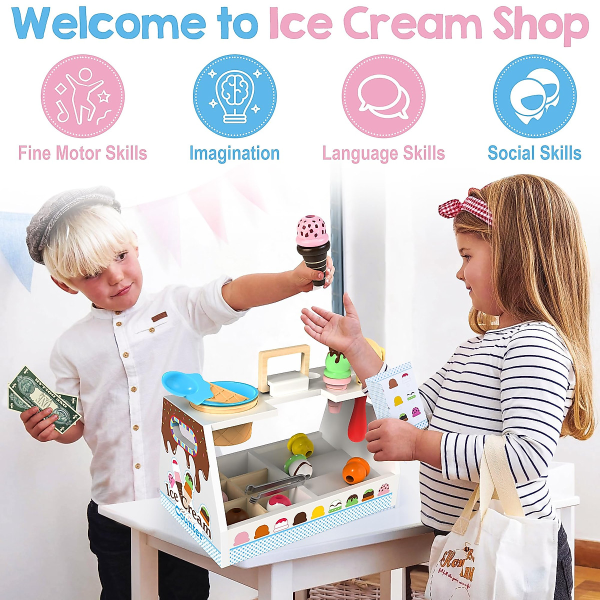 Wooden Ice Cream Toy for Kids, 33 PCS Pretend Play Food for Toddlers 3-5 Portable Ice Cream Stacking Toy, Montessori Toddler Toy Kitchen Playset Gift for Ages 3+