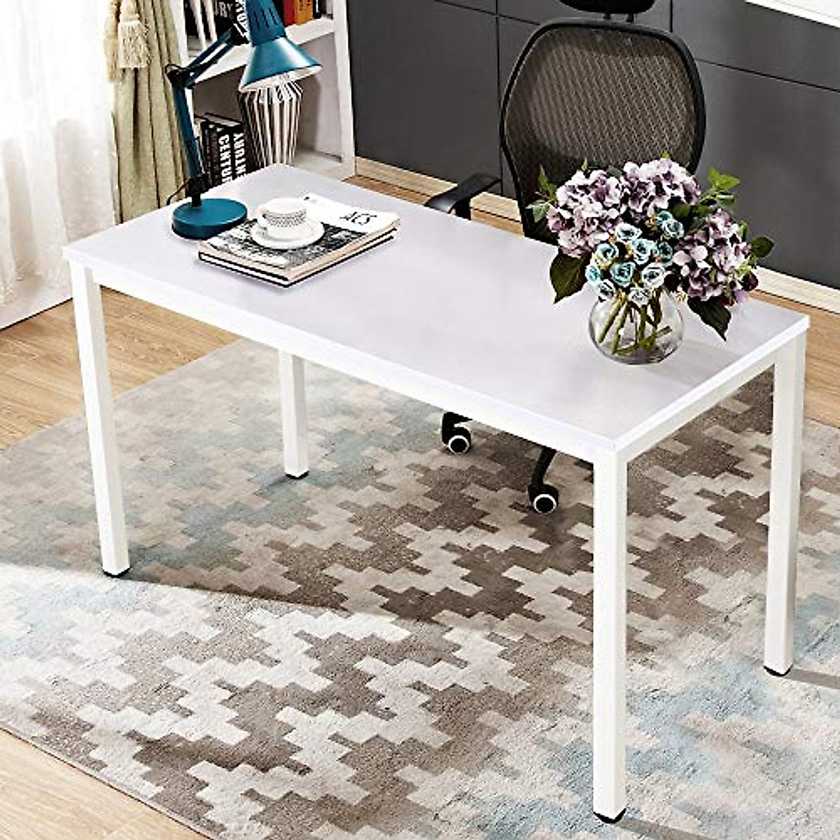 Need 55 Inch Large Computer Desk - Modern Simple Style Home Office Gaming Desk, Basic Writing Table for Study Student, White Metal Frame, White