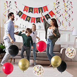 ANSOMO Red Black and Gold Happy Birthday Party Decorations Banner Swirls Balloons for Men Women Boys Girls Him Her