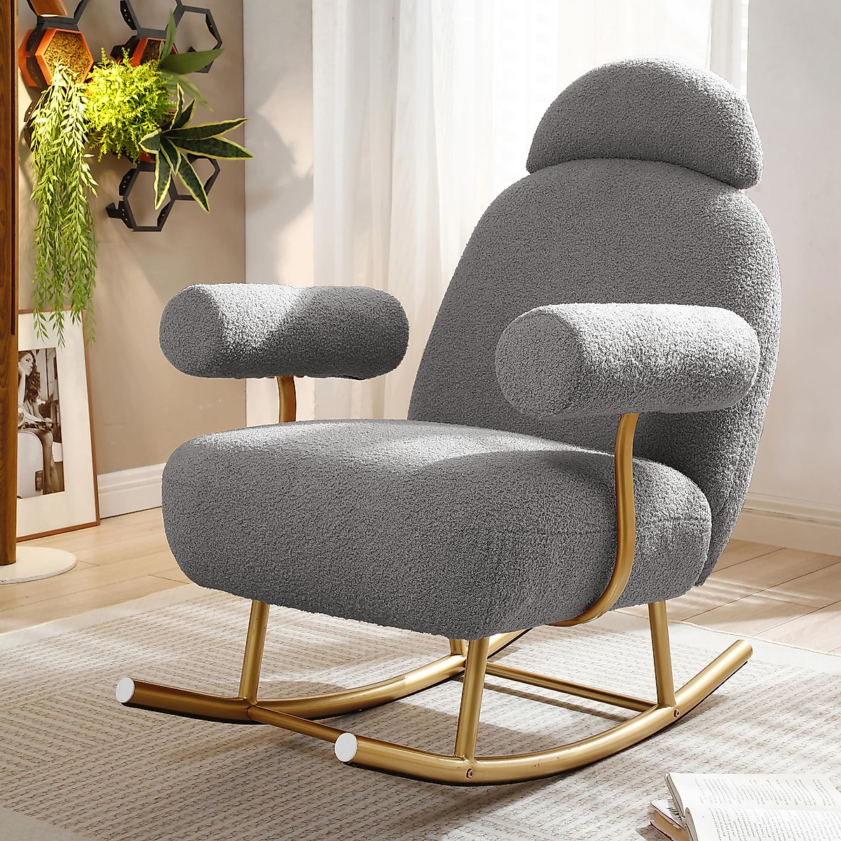 Tmosi Nursery Rocking Chair Sherpa Upholstered Glider Rocker, with Adjustable Headrest and Round Armrests, Leisure Glider Chair for Living Room, Bedroom (Grey)