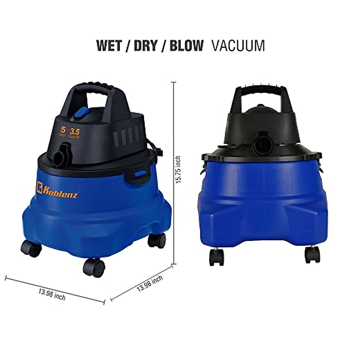 Koblenz WD-5 L2 Portable Wet-Dry Vacuum, 5 Gallon 3.5HP, Blue,Black 5 Year Warranty