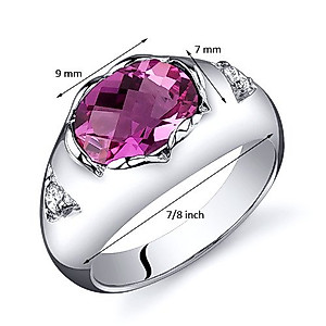 PEORA Created Pink Sapphire Ring in Sterling Silver, Contoured Signet Design, 2.50 Carats Oval Shape 9x7mm, Comfort Fit, Size 8