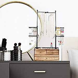 Jewelry Organizer - 2 Layer Wooden Jewelry Drawer Storage Box with 6 Tier Jewelry Tree Stand, Jewelry Display for Necklaces Bracelet Earring Ring (Carbonized Black)