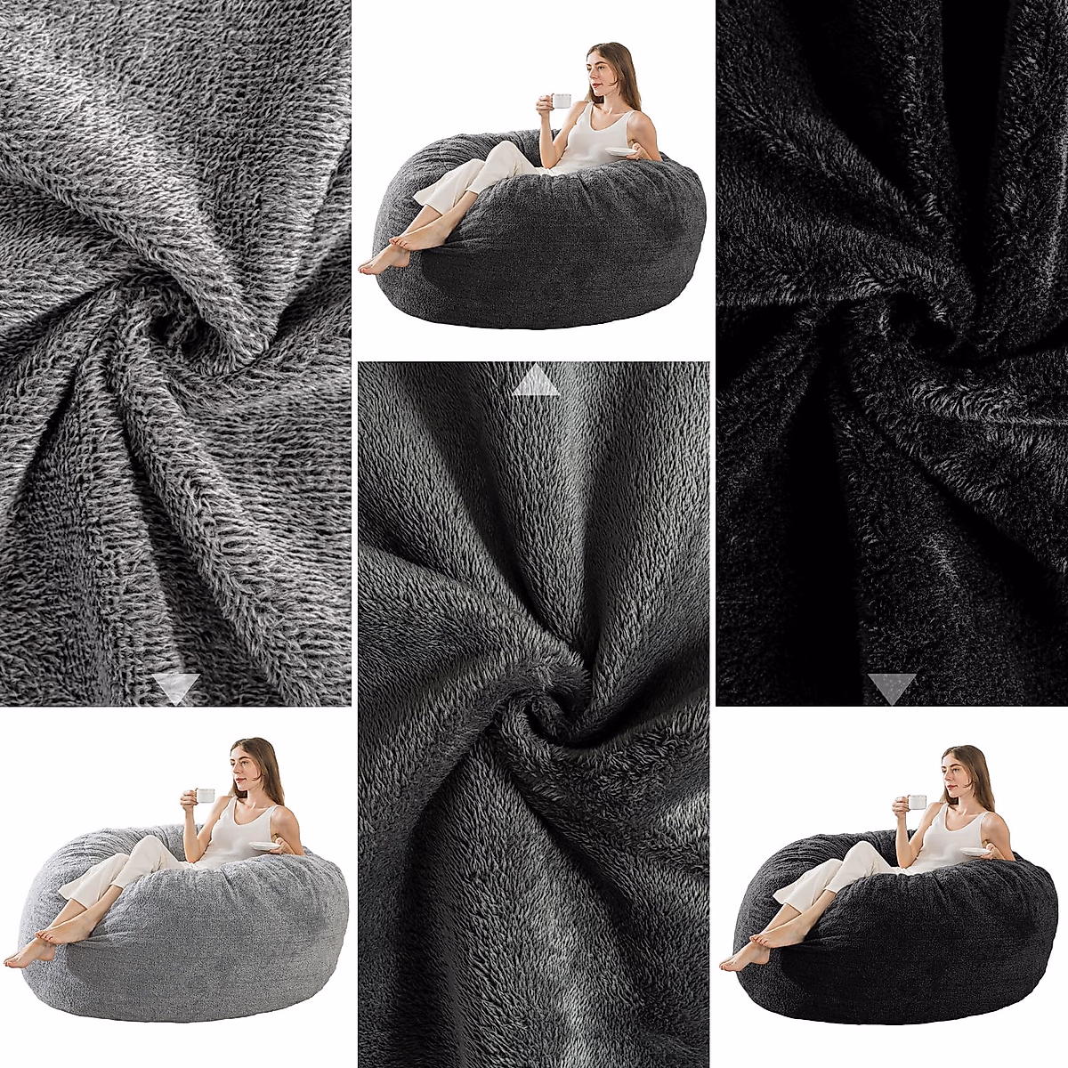 WhatsBedding [Sherpa Fabric] Bean Bag Chair: 3 ft Memory Foam Bean Bag Chairs for Teens/Kids with Filling,Ultra Soft Faux Fur Fabric, Large Bean Bag with Filler for Living Room,3 Foot,Dark Grey
