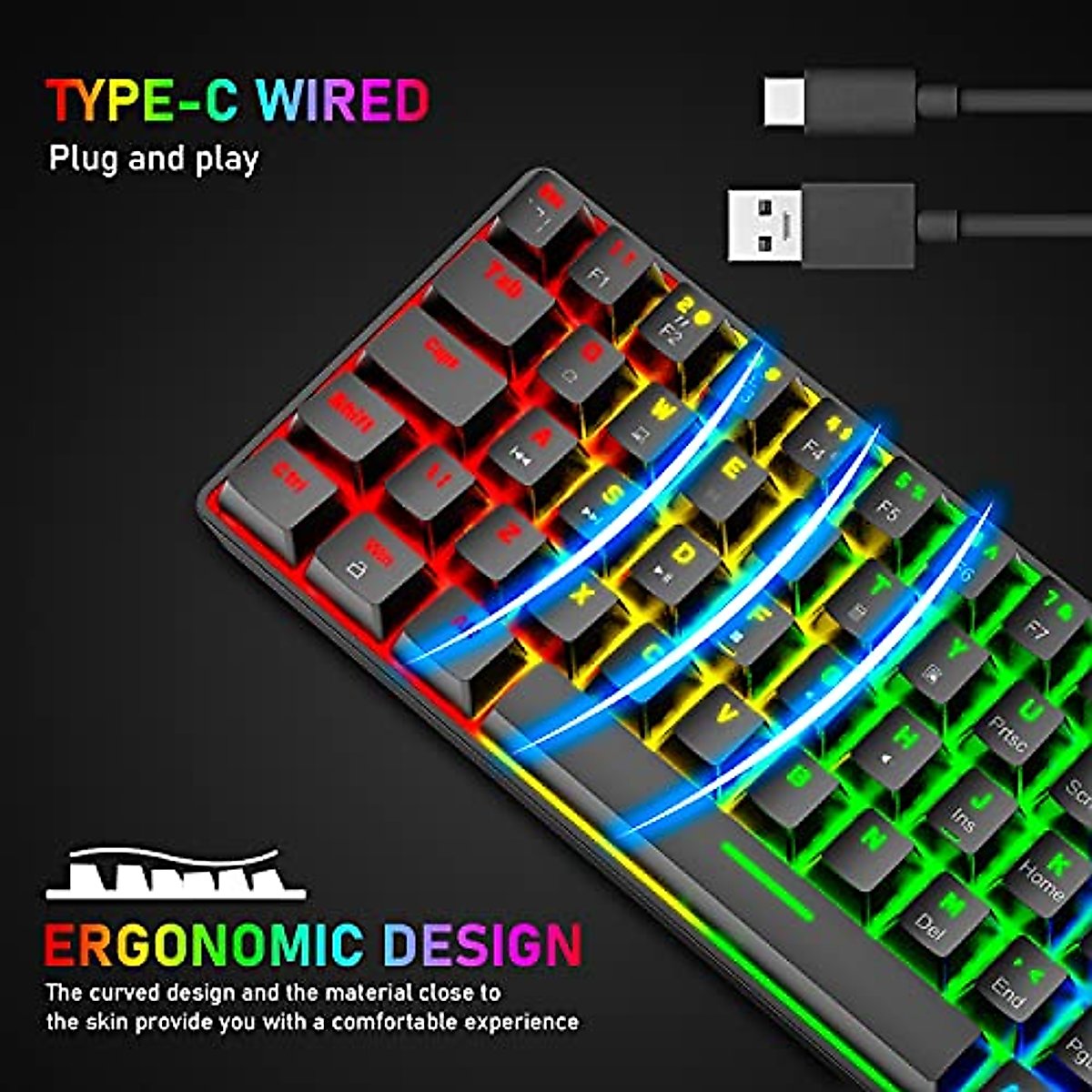 60% Wired Mechanical Gaming Keyboard and Mouse Combo,Ultra-Compact Mini 62 Keys,Type C Chroma 20 Rainbow Backlit Effects,RGB Backlit 6400 DPI Lightweight Gaming Mouse with Honeycomb Shell for PC/Mac