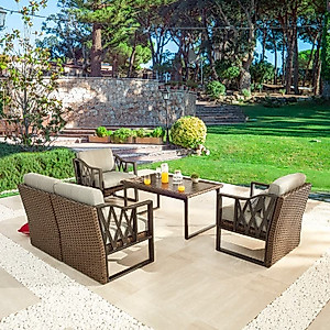 Patio Festival Five-Wicker Outdoor 5-Piece Conversation Set Black Brown Grey Modern Contemporary Transitional Resin Wicker Metal Finish Arm Chairs Coffee Table