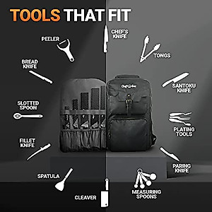 Chef Knife Bag | Traveller Chef Backpack | Water-Resistant Material | 21+ Pockets for Knives & Kitchen Utensils | Dedicated Pocket for Laptop & Notebook | Culinary Gifts for Chefs & Students (Black)