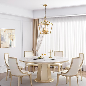 Untrammelife 4-Light Aged Gold Lantern Pendant Light, Adjustable Height Metal Geometric Light Fixture 12’’ Classic Cage Lantern Chandelier for Kitchen Island Hallway, Hand-Pasted Gold Foil Finish