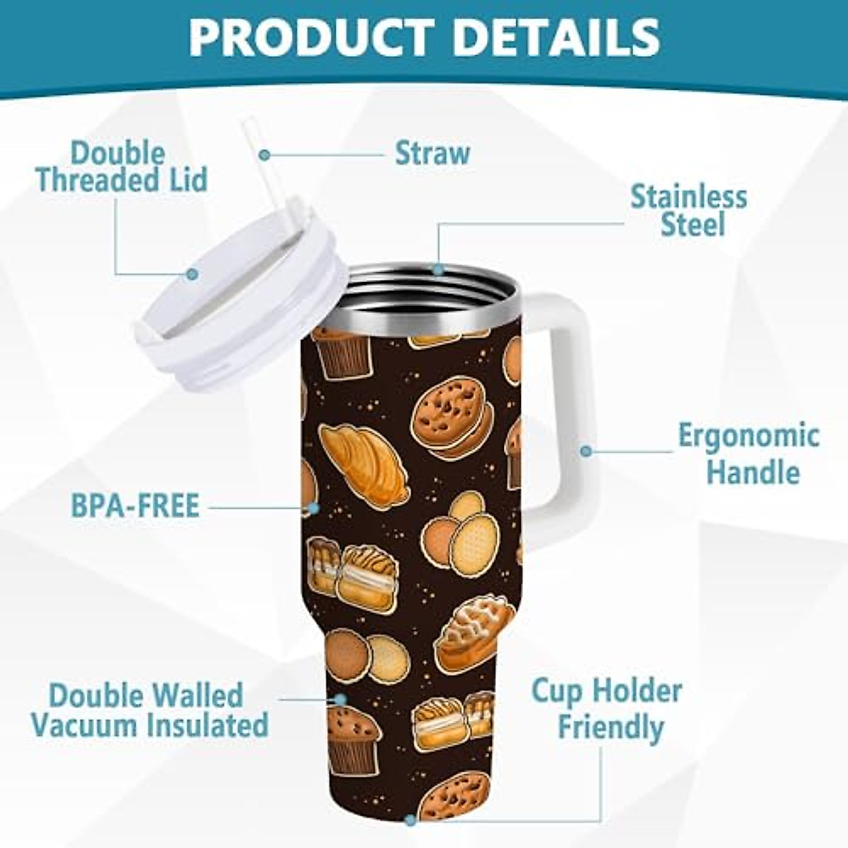 ARGTILDN 40 oz Tumbler Bread Cookie Cupcakes Insulated Travel Mug with Handle and Straw Lid Stainless Steel Vacuum Coffee Cup Tea Beverage Container Water Bottles for Car Sports office