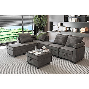 Tbfit Modular Sectional Sofa with Storage Ottoman, Convertible Oversized Couch with Reversible Chaises, Sleeper Sofa with Adjustable Arm for Living Room, 7 Seated, Dark Grey