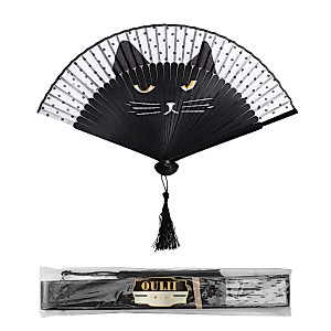 OULII Women Cartoon Cat Folding Silk Fan Handheld Fan (Black)