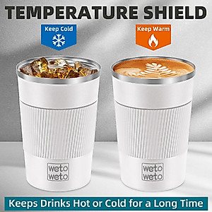 WETOWETO 12oz Travel Mug, Insulated Reusable Coffee Cup with Leak Proof Lid, Stainless Steel Travel Coffee Mug Portable Coffee Mug for Hot and Cold Water Coffee(White)