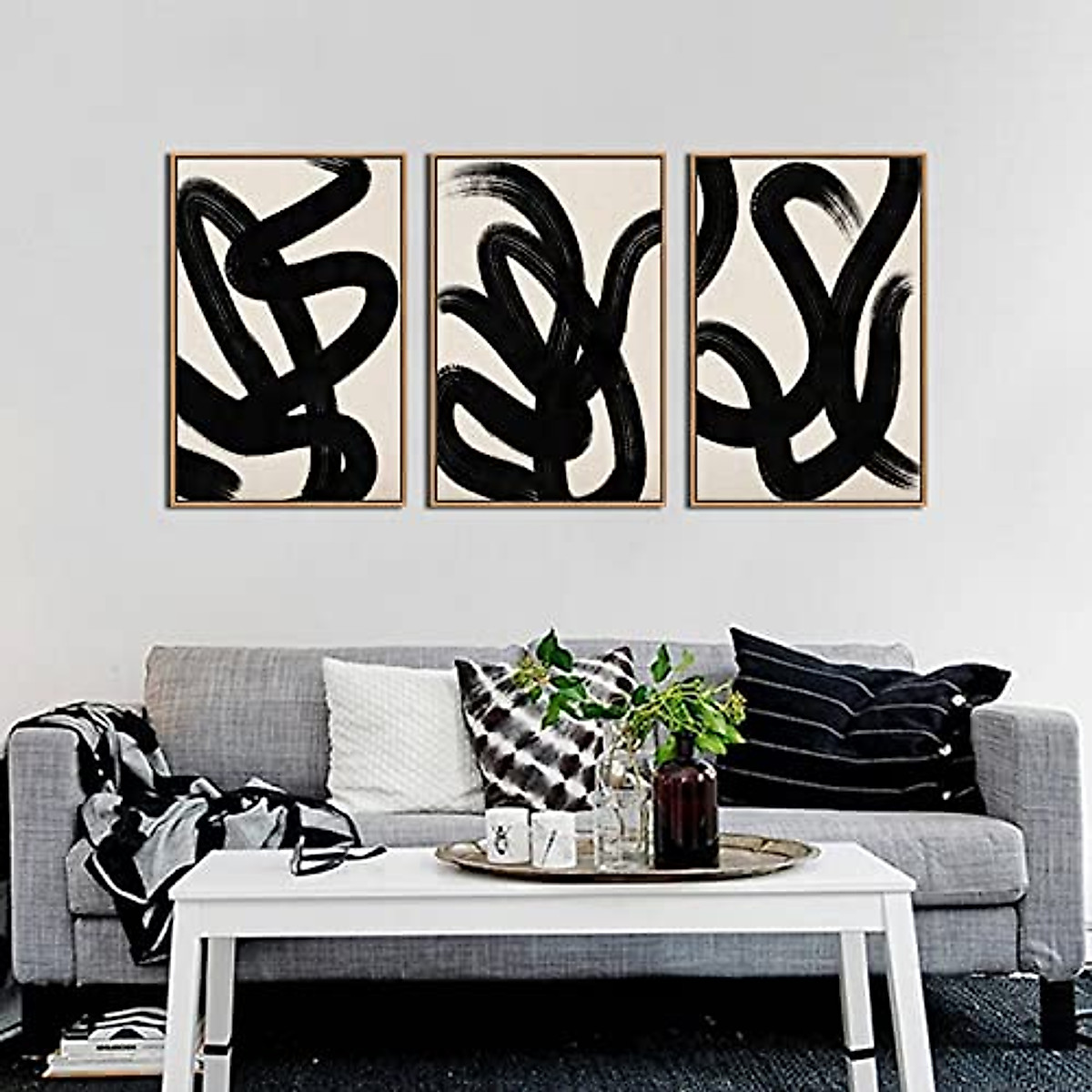 Framed Wall Art Canvas Set Abstract Lines Pictures Modern Mid Century Boho Wall Decor Minimalist Abstract Black Stroke Lines Canvas Painting Artwork Living Room Bedroom Home Office 16"x24"x3 Natural