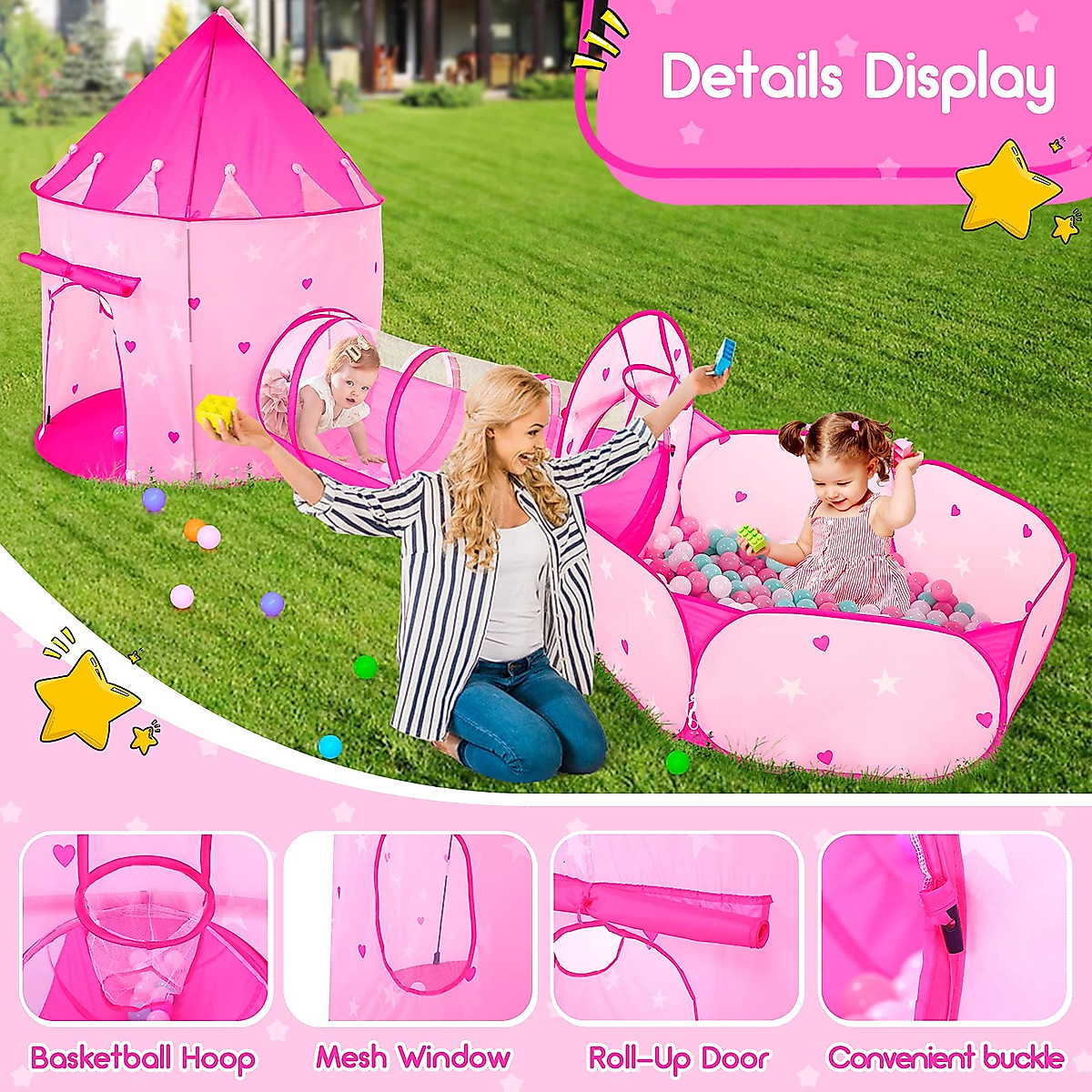 PigPigPen 3pc Kids Play Tent for Girls with Ball Pit, Crawl Tunnel, Princess Tents for Toddlers, Baby Space World Playhouse Toys, Boys Indoor& Outdoor Play House, Perfect Kid’s Gifts