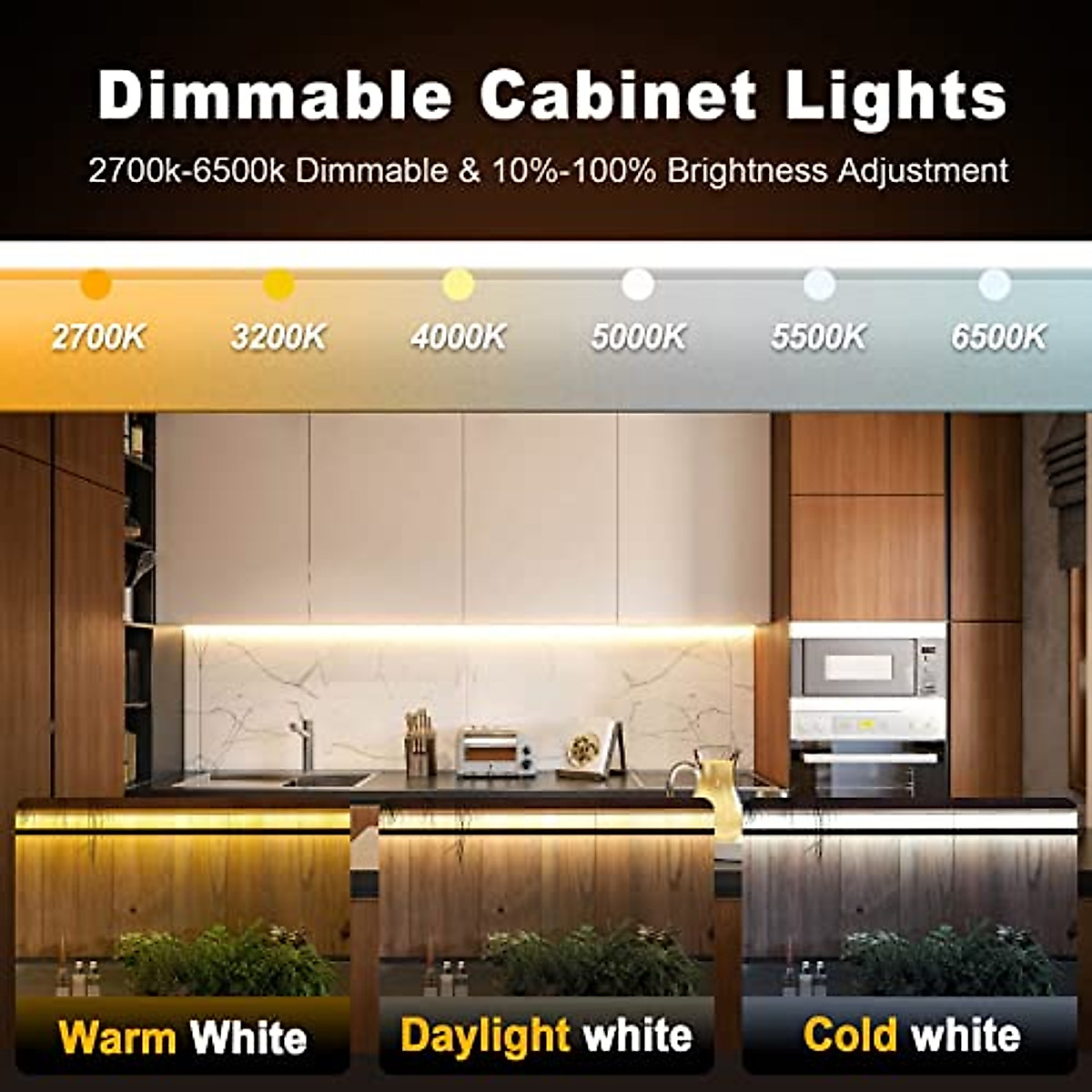 TJOY Under Cabinet Lighting Kit 20FT, 6PCS Dimmable 2700k-6500k Warm White to Daylight Bright LED Strip Light Bars, Touch and RF Remote Control, for Kitchen Cabinet, Counter, Shelf, Bookcase, 2000LM