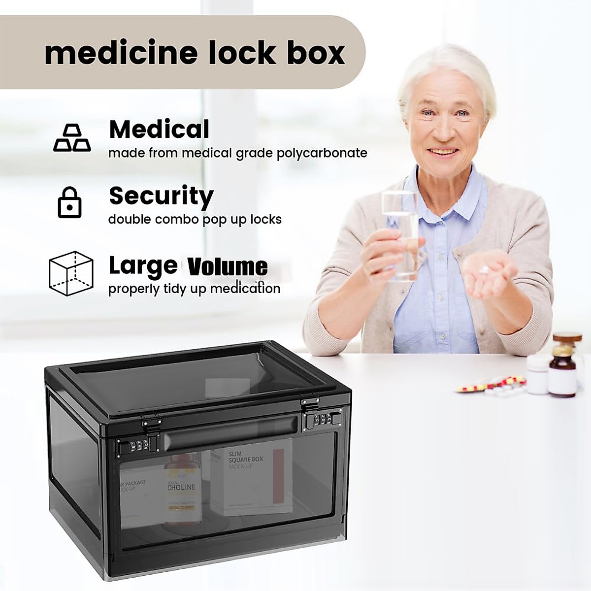 Large Lock Box,Lockable Storage Box with Combination Code 15.3x11x8.6in Stackable Medicine Lock Box for Safe Medication，Storage Box with Lock for Phone/Snacks/Personal Items/Fridge/Office