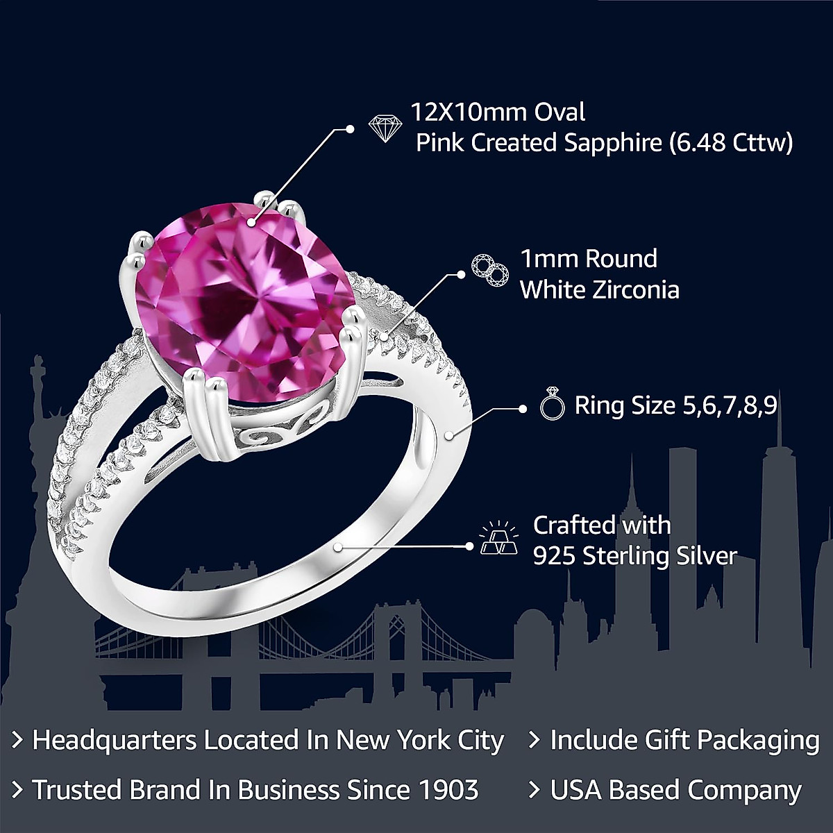 Gem Stone King 925 Sterling Silver Pink Created Sapphire Ring For Women (6.48 Cttw, Oval 12X10MM, Gemstone September Birthstone, Available In Size 5, 6, 7, 8, 9)