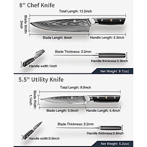 ZongChuan 8C Damascus Kitchen Knife Set 2pc,8" Chef Knife and 5.5" Utility Knife,High Carbon Stainless Steel,5-Star Sharp Standard,Black Ergonomic G10 Handle,Love's Gift Box