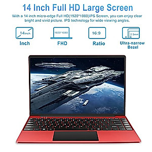 Ruzava Windows 10 Laptop Computers, 14" 6GB RAM 128GB SSD Support 1TB SSD Expansion, 1920x1080 FHD Traditional Laptop for Work Study Entertainment-Red