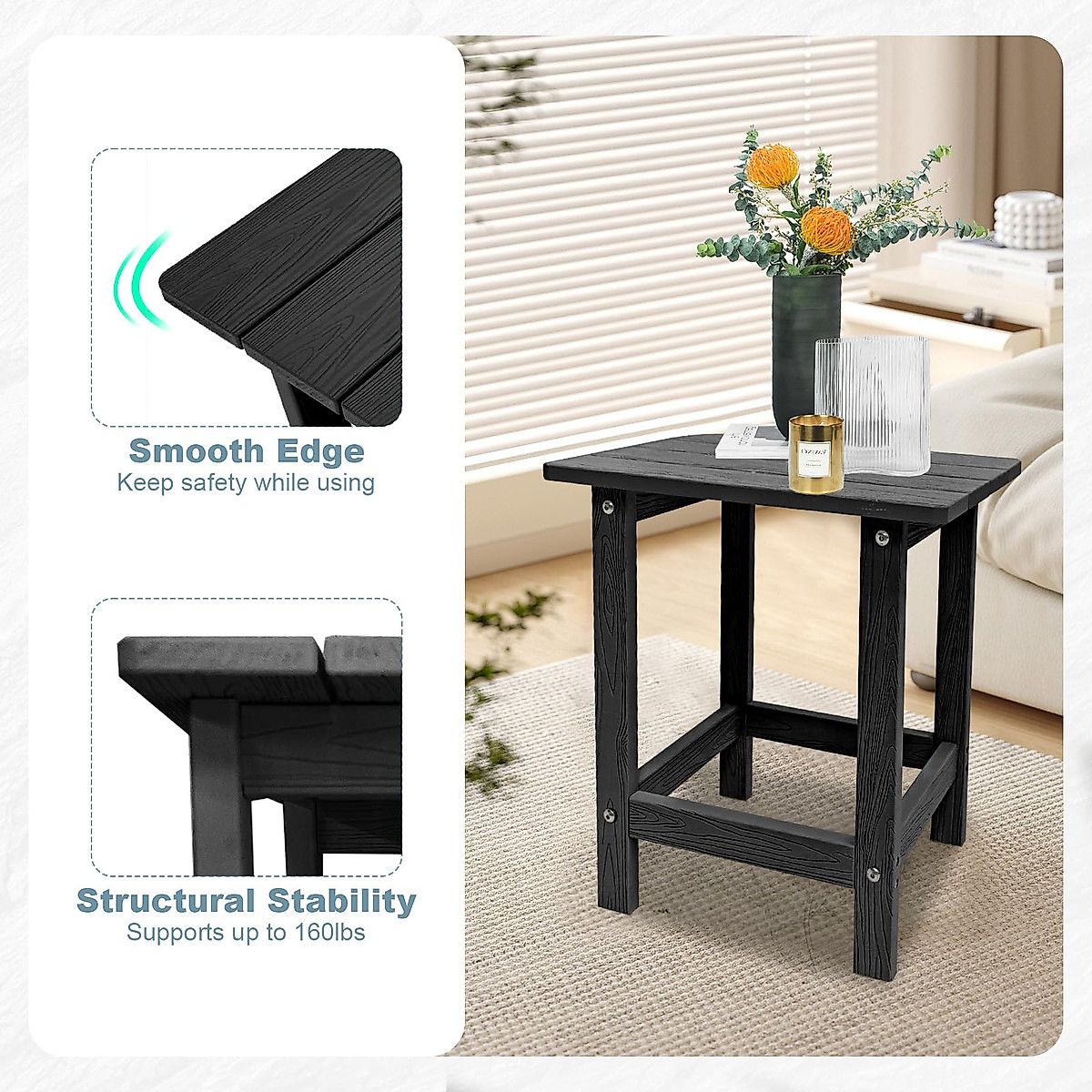 Meluvici Outdoor Side Table, HDPS Single Adirondack Side Table Weather Resistant, Outdoor Table for Adirondack Chair, Outside End Table for Patio, Pool, Deck, Porch, Outdoor or Indoor Use, Black