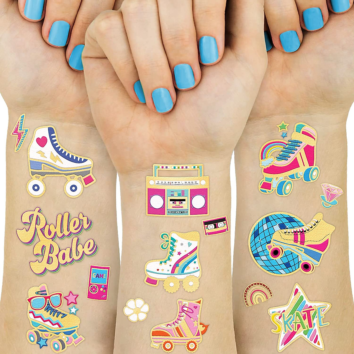 80’s Theme Roller Skate Glitter Skating Temporary Tattoos Birthday Party Supplies Decorations Favors Decor Cute 90s Tattoo Stickers Tattoo Gifts for Kids Girl Boy School Prizes Rewards Carnival 46 PCS