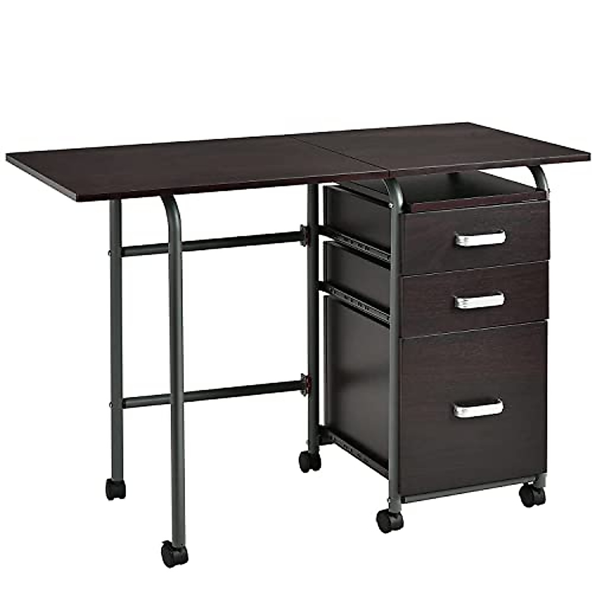 CHEFJOY Folding Computer Study Desk, Home Office Desk with 6 Smooth Wheels & 3 Large Drawers, Mobile Laptop Desk Writing Table for Small Space, Bedroom, Living Room (Brown)