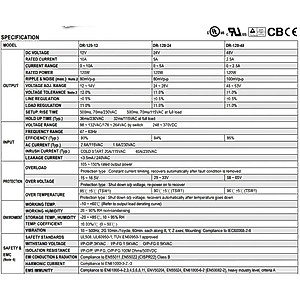 MEAN WELL 212266 DR-120-24 AC to DC DIN-Rail Power Supply, 24V, 5 Amp, 120W, 1.5"