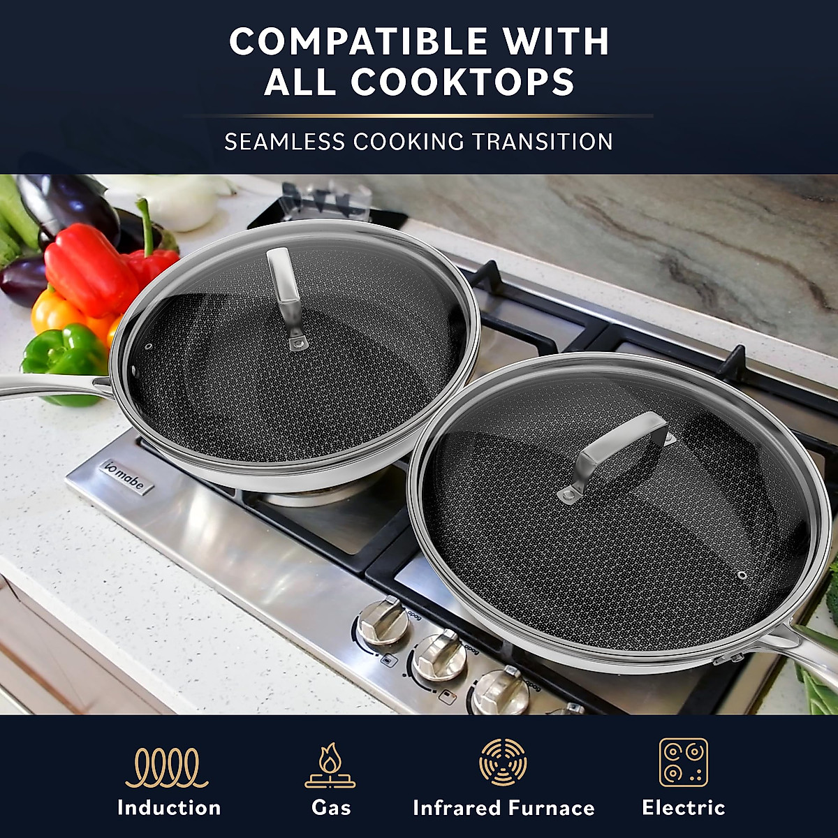 Home Hero LuxeClad Hybrid Nonstick Frying Pans - Dishwasher & Oven Safe Skillet - Induction Compatible w/All Cooktops Honeycomb Pan - Stainless Steel Non Stick Pan with Lid (Stainless Steel 12-Inch)