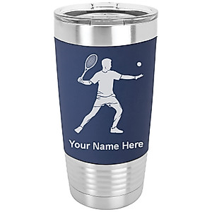 LaserGram 20oz Vacuum Insulated Tumbler Mug, Tennis Player Man, Personalized Engraving Included (Silicone Grip, Navy Blue)
