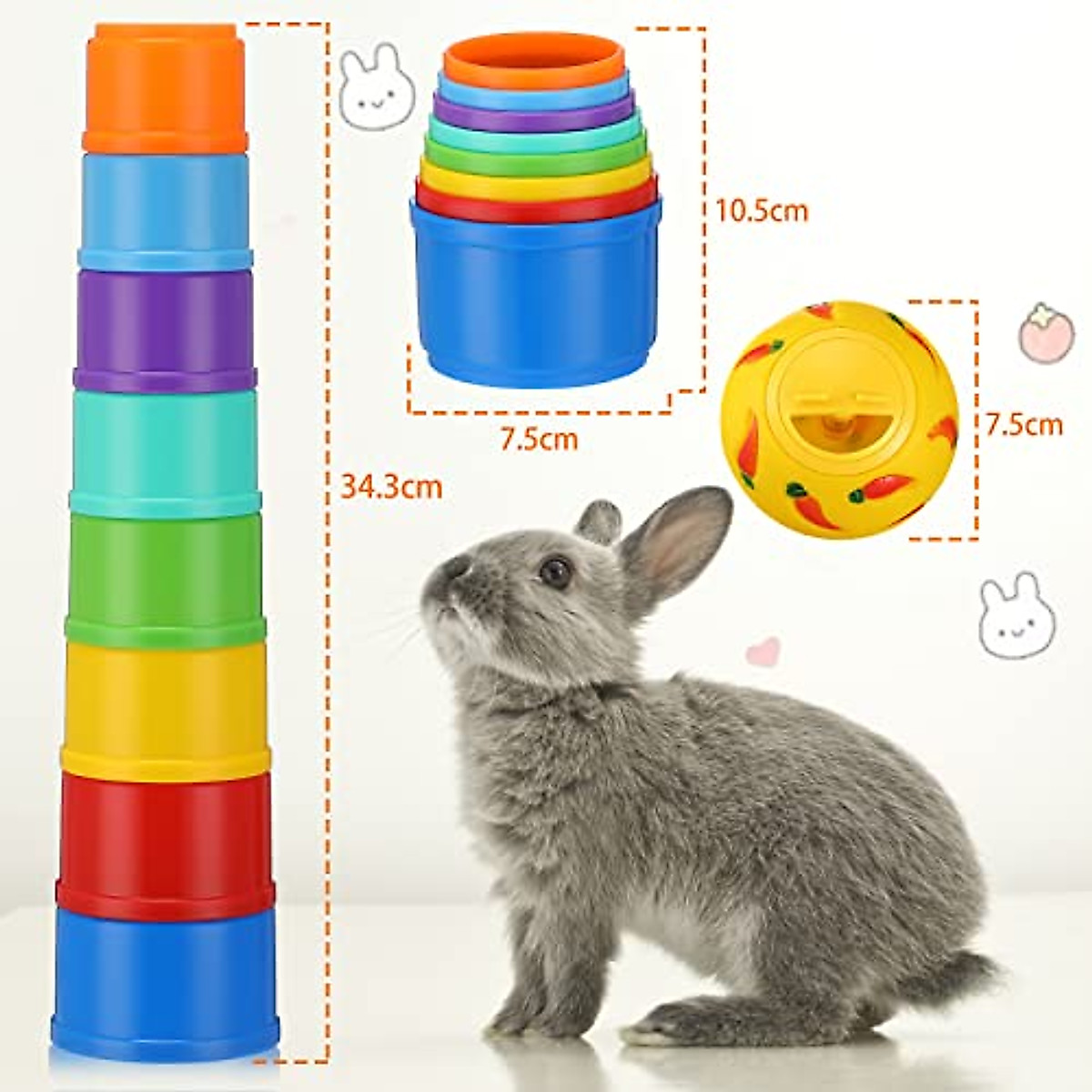 9 Pack Stack up Bunny Cups and Treat Ball for Bunny Toys Rabbit Food Dispenser Rabbit Stacking Cups Snack Ball Rabbit Toys Snack Cups Rainbow Colors Plastic Nesting Toys for Small Animals Rabbits