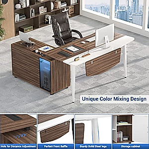 Unikito L Shaped Desk with File Cabinet and Power Outlet, 55 Inch Large Corner Computer Desks with LED Light Strip, L-Shaped Computer Desk with Door and Storage Shelves for Home Office, Walnut & White