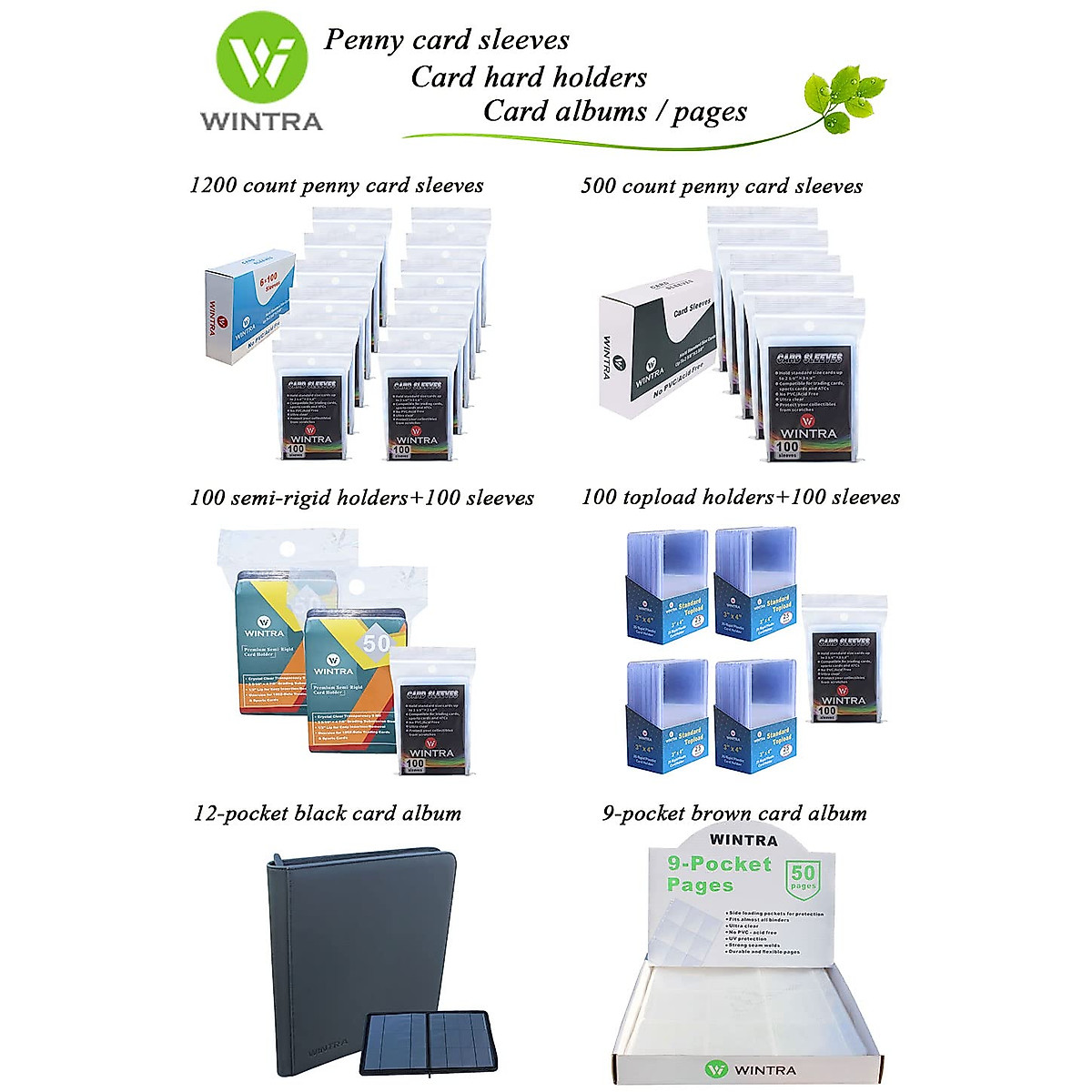 WINTRA 504 Pockets Classical Brown leather Card Binder, Premium 9-Pocket Trading Card Collectors Album, Side Load Card Holder for Various Trading Cards (Brown)