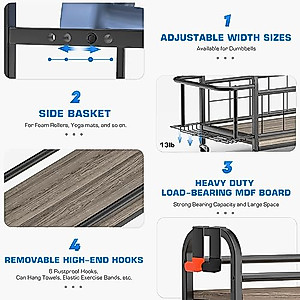 Yoga Mat Storage Rack, Home Gym Storage Yoga Mat Organizer Holder, Sehloran Dumbbell Rack With Hooks and Wheels, Weight Rack for Dumbbells and Kettlebells, Workout Equipment Weight Stand for Home Exercise and Fitness Gear (Metal)