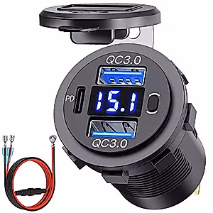 Cllena 12V USB Outlet Dual Quick Charge 3.0 & PD USB C Three-Port USB Charger Socket with Voltmeter and Power Switch, Multi-Function Car USB Charger Adapter for Car Boat Marine RV Truck ATV Golf Cart
