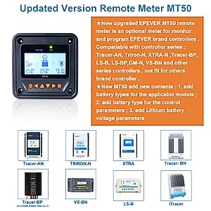 EPEVER MT50 Remote Meter for MPPT Solar Charge Controller 10/20/30/40A,50/60/80/100A LCD Display Monitoring Setting Datas of Solar Panel Battery Regulator System (MT50)