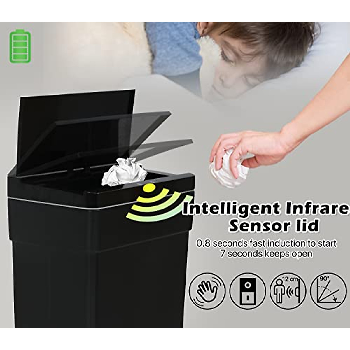 13 Gallon Trash Can Automatic Touch-free Kitchen Garbage Can, Plastic Large Capacity Bathroom Rubbish Can with Lid and Motion Sensor, Smart Trash Can Waste Bin for living Room Office Narrow Space, Black