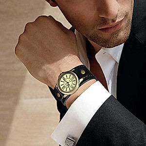 Avaner Unisex Punk Retro Bronze Round Dial Black Wide Leather Belt Strap Cuff Bracelet Roman Numerals Analog Quartz Wrist Watches