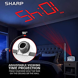 SHARP Projection Alarm Clock with Soothing Nature Sleep Sounds – Easy to Read Projection on Wall or Ceiling – 8 Sleep Sounds to Help Fall Asleep Faster, White Case with Gunmetal Trim