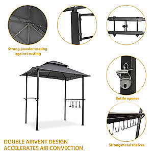 8x5 Ft Grill Gazebo, Double Tiered Outdoor BBQ Gazebo with 2 Side Shelves, Hooks, Bottle Opener, Barbecue Grill Shelter for Patio, Garden, Beach, Backyard and Picnic (Gray)