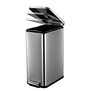 50L/13Gal Kitchen Trash Can,Stainless Steel Garbage Can with Single Compartment Steel Pedal, Lid and Inner Buckets,Hands-Free Fingerprint-Resistant Soft Close Lid Trashcan, Slim Rectangular