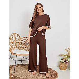 Tanming Sweater Sets Women 2 Piece Lounge Sets Short Sleeve Knit Pullover Tops Wide Leg Pants (Brown-M)