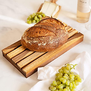Villa Acacia Wood Bread Board - 12 x 7 in Handcrafted Wooden Cutting Board Slicer Tray with Handle﻿ Medium