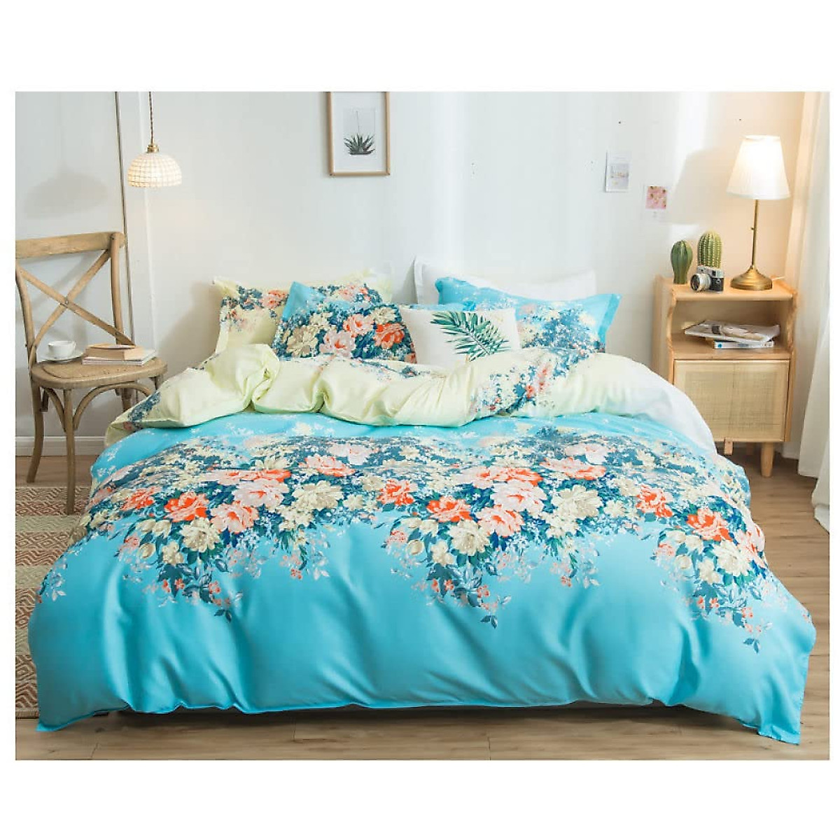 JFNISS 4 Piece Duvet Cover Set (1 All Season Design Duvet Cover + 2 Pillow Shams + 1 Flat Sheet) with Colorful Flowers, Comforter Cover with Zipper Closure,Queen