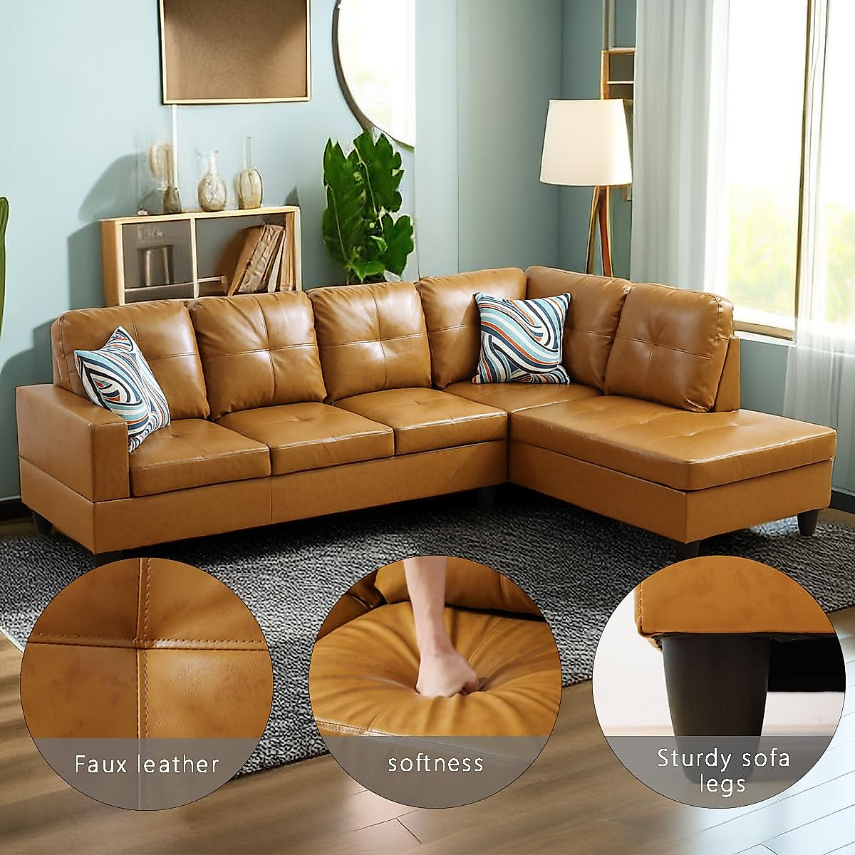 A Ainehome Living Room Sofa Set 2 Pieces Sectional Sofa Set, L-Shape Sofa Faux Leather Couch with Chaise for Living Room/Office/Apartment (B-Ginger, Right Hand Facing)