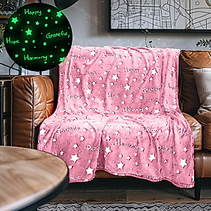 Glow in The Dark Throw Blanket, Super Soft Fuzzy Plush Fleece, Decorated with Stars and Words of Encouragement, Birthday Gift for Girls Kids Women Teens Grandkids Toddlers, Pink, 50" x 60"