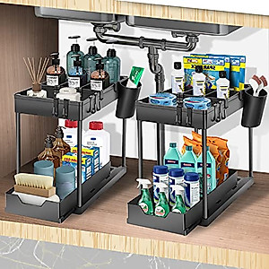 2 Tier Under Sink Organizers and Storage, 2 Pack Taller Sturdy Under Cabinet Organizer with Sliding Out Drawers Basket, Hooks, Cups, Bathroom Under Sink Cabinet Organizer Kitchen Organizer and Storage