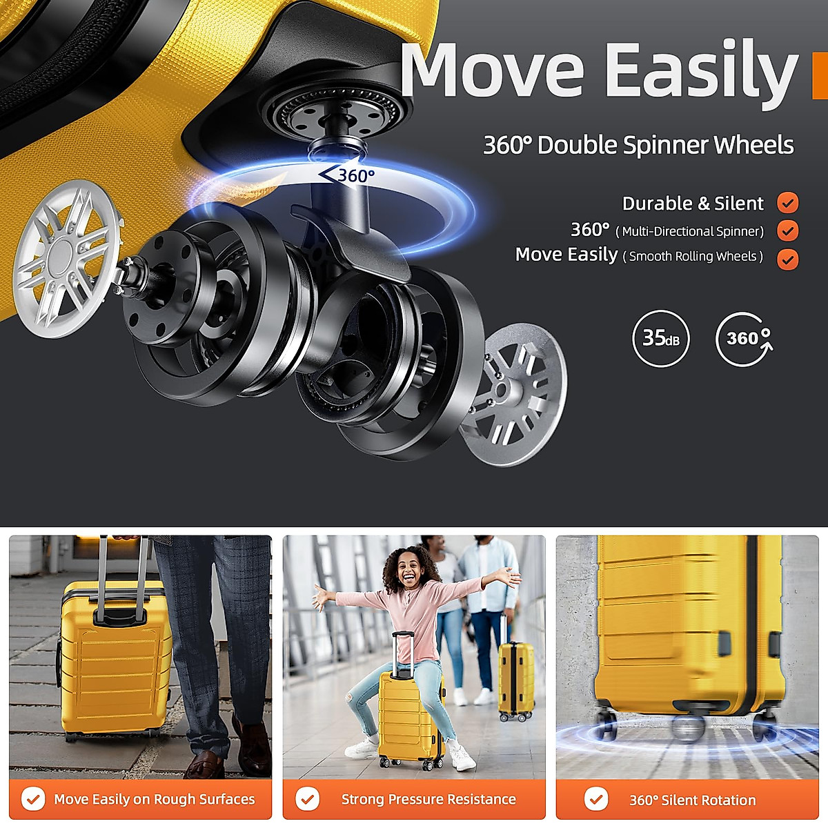SHOWKOO Luggage Sets Expandable PC+ABS Durable Suitcase Sets Double Wheels TSA Lock Yellow 3pcs